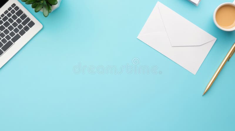 Working Desk Setup with Laptop, Envelope, Coffee, and Plant on a Light ...