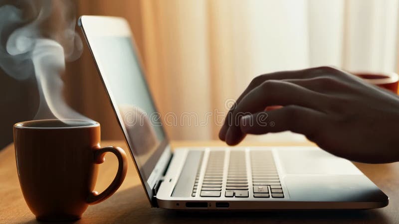 Working on a Laptop with Coffee Cups in a Cozy Morning Setting Stock ...