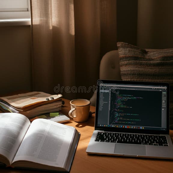 A Cozy Workspace Features an Open Laptop Displaying Code, Likely in a ...