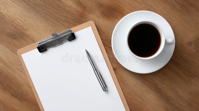 A Cozy Workspace Featuring a Clipboard with Blank Paper and a Pen ...
