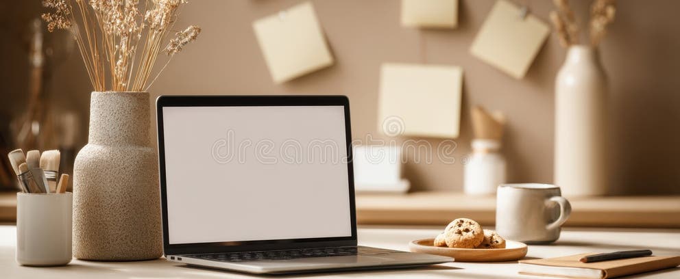 The Cozy Workspace Featuring a Laptop, Cookies, and Minimalist Decor ...