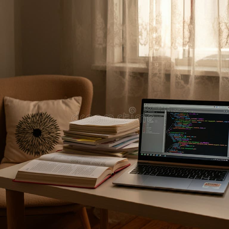 Cozy Workspace Featuring a Laptop Displaying Colorful Code, Suggesting ...
