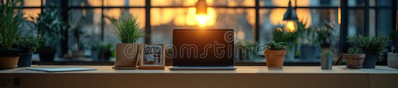 Cozy Workspace with Plants and Laptop at Sunset Stock Illustration ...