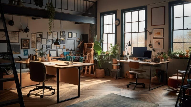 A Cozy Workspace Featuring a Mix of Standing Desks and Comfortable ...