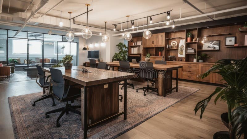 A Cozy Workspace Featuring a Mix of Standing Desks and Comfortable ...