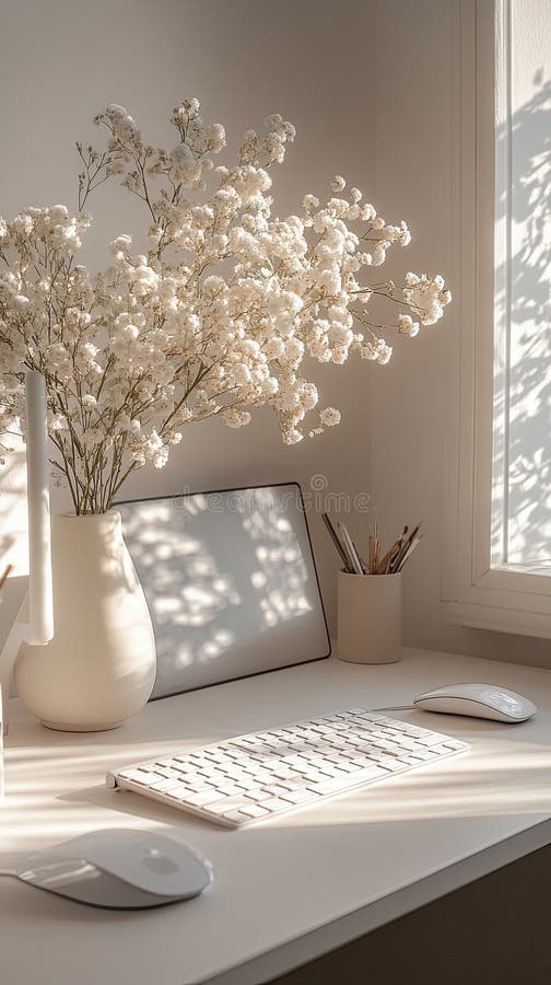 High-Resolution Cozy Desk Setup with Natural Light and Minimalist Decor ...