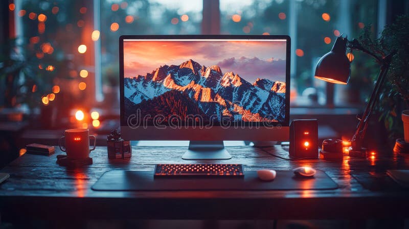 Laptop Displaying Scenic Mountain Landscape Desk Stock Photos - Free ...