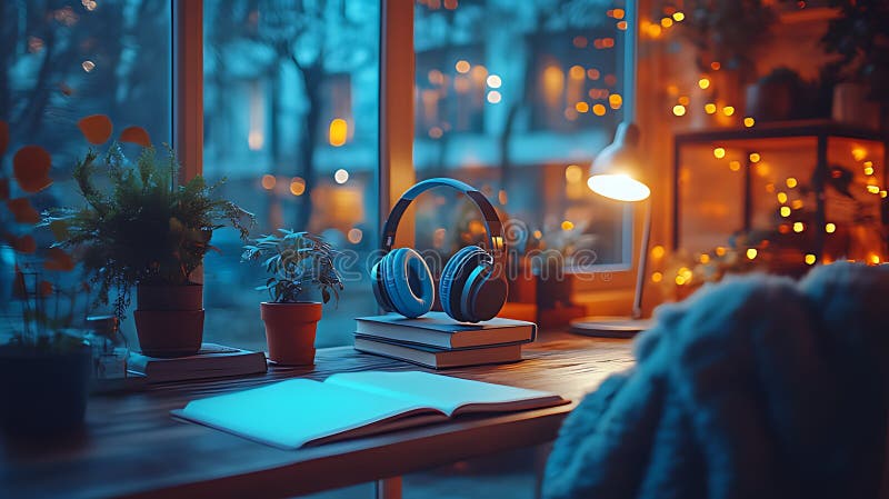 Cozy Workspace with Headphones, Books, Plants, and Warm Lighting at ...