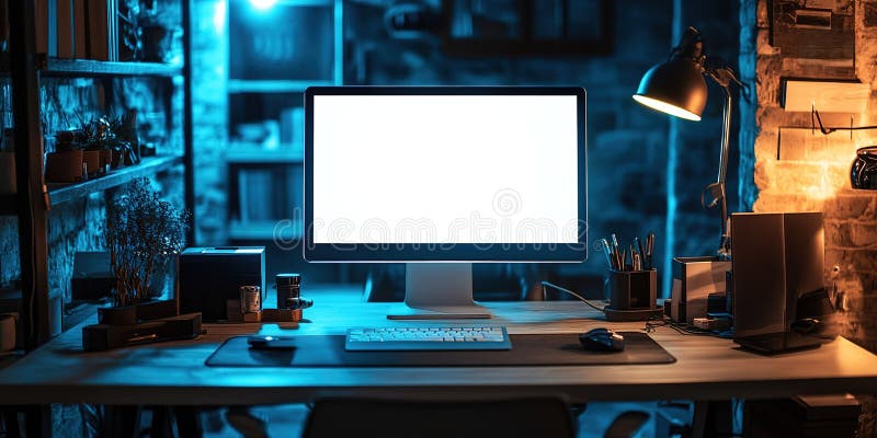 Cozy Workspace with High-tech Monitor and Ambient Lighting in a ...