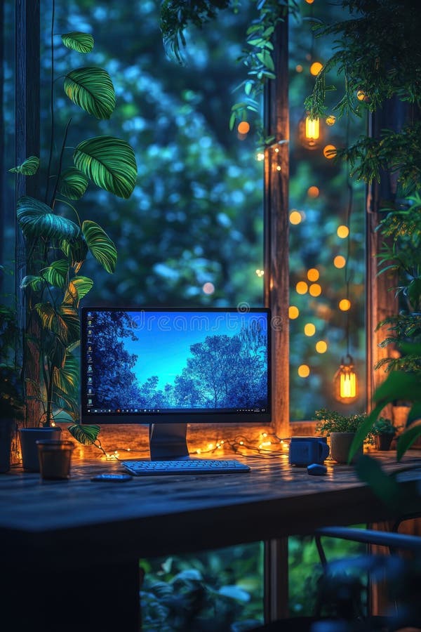 Cozy Workspace Illuminated Warm Lights Surrounded Lush Greenery ...
