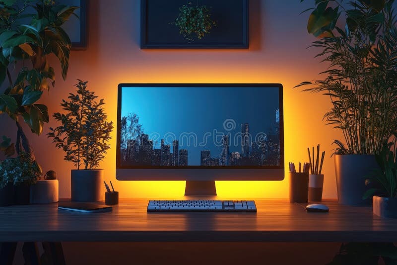 Cozy Workspace Illuminated Warm Lights Surrounded Lush Greenery ...