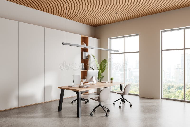 Cozy Workspace Interior with Ceo Desk and Shelf with Panoramic Window ...