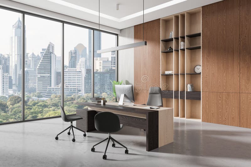 Cozy Workspace Interior with Ceo Desk and Shelf with Panoramic Window ...