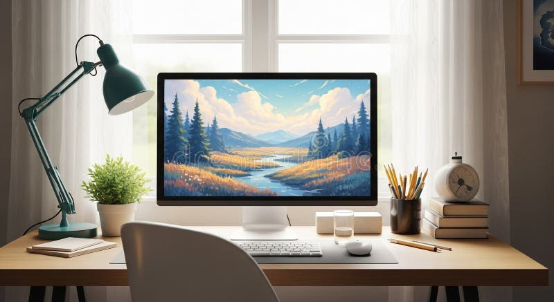Cozy Workspace with Landscape Screen Stock Illustration - Illustration ...