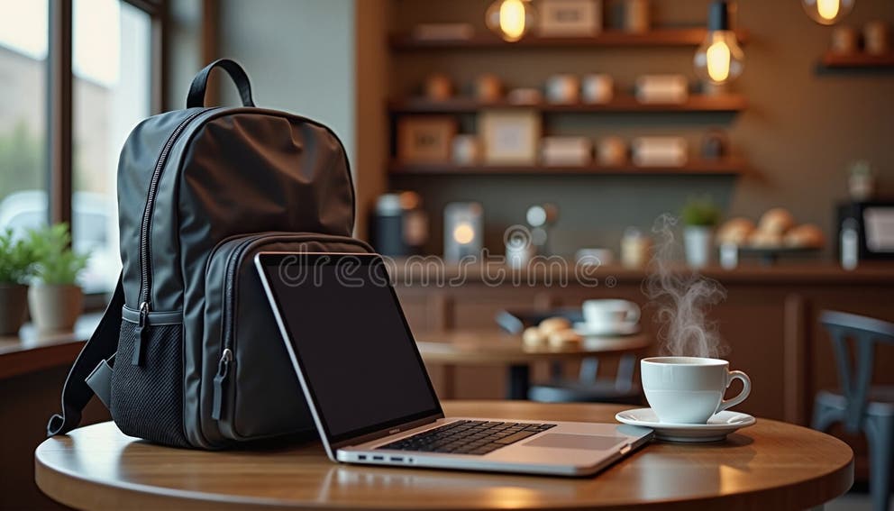 Cozy Workspace with Laptop and Backpack at Caf Table, Productivity ...