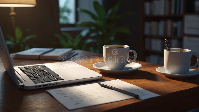 Cozy Workspace with Laptop, Coffee Cups, and Notes in Warm Home Office ...