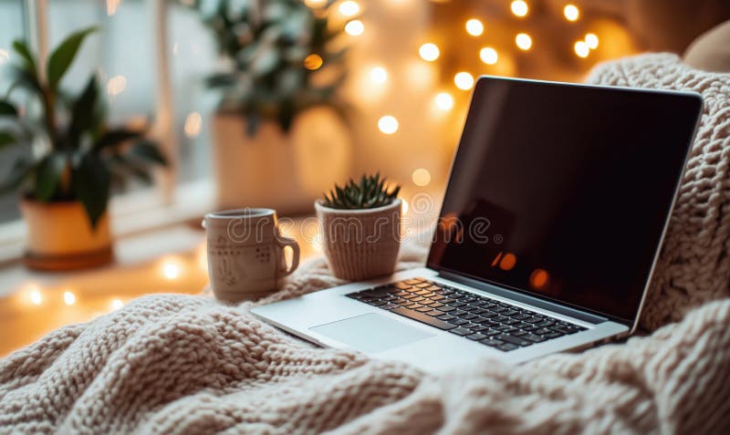 Cozy Workspace with Laptop, Coffee, and Plants in Warm Ambient Lighting ...
