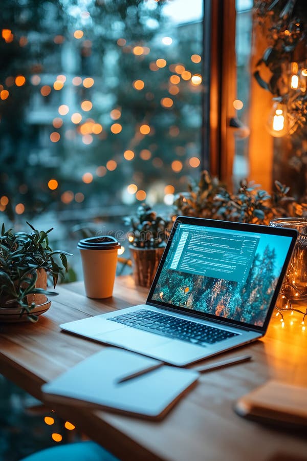 Cozy Workspace with Laptop and Coffee Surrounded by String Lights and ...