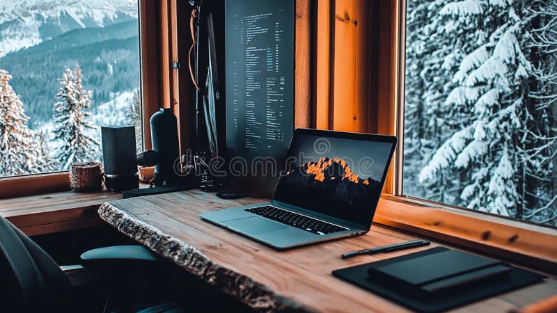 Cozy Workspace with a Laptop and Mountain View during Winter in a Cabin ...