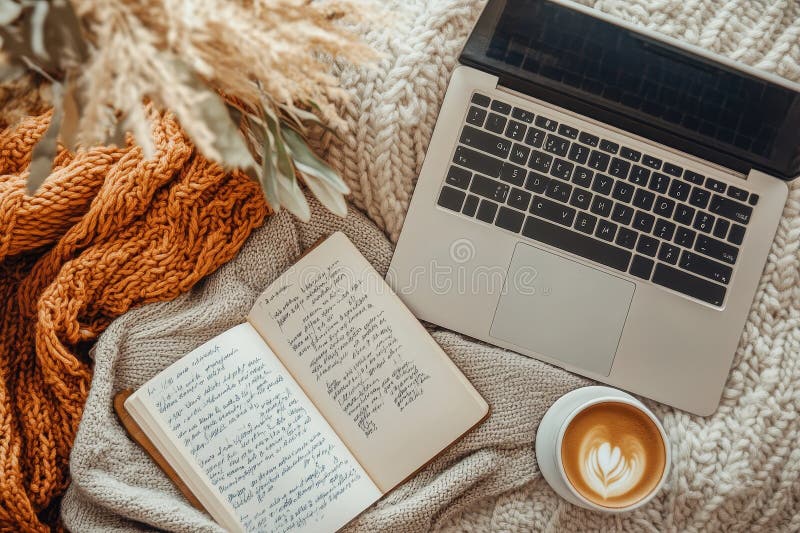 Cozy Workspace with Laptop, Notebook, and Coffee Stock Illustration ...