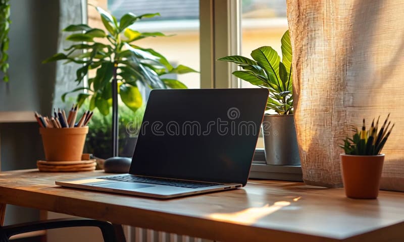 Cozy Workspace with Laptop and Plants Illuminated by Natural Light in a ...