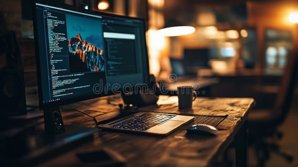Cozy Workspace with Laptop and Programming Code on Monitor Stock Image ...