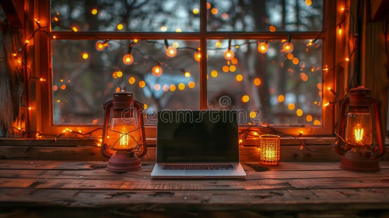 Cozy Workspace with Laptop and Warm Lantern Lights Stock Illustration ...