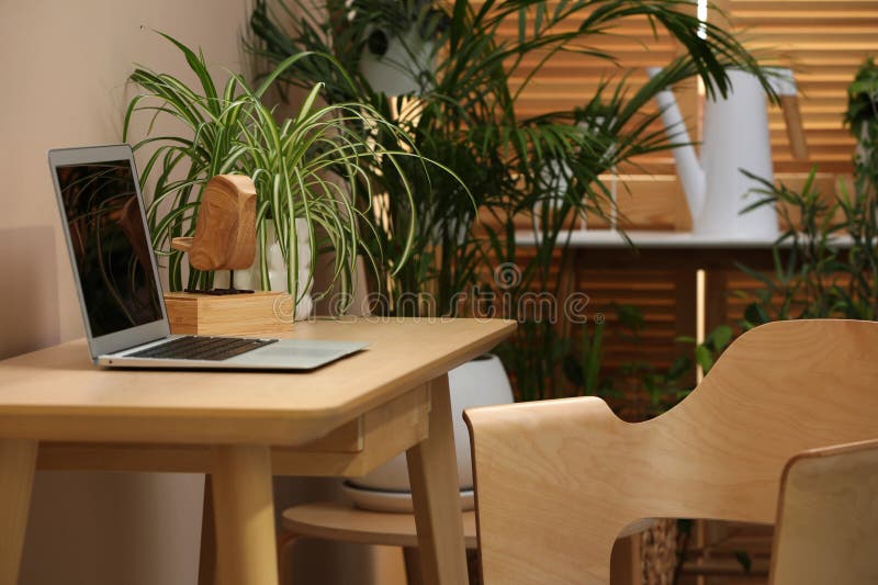 Cozy Workspace with Laptop on Wooden Desk at Home Stock Photo - Image ...