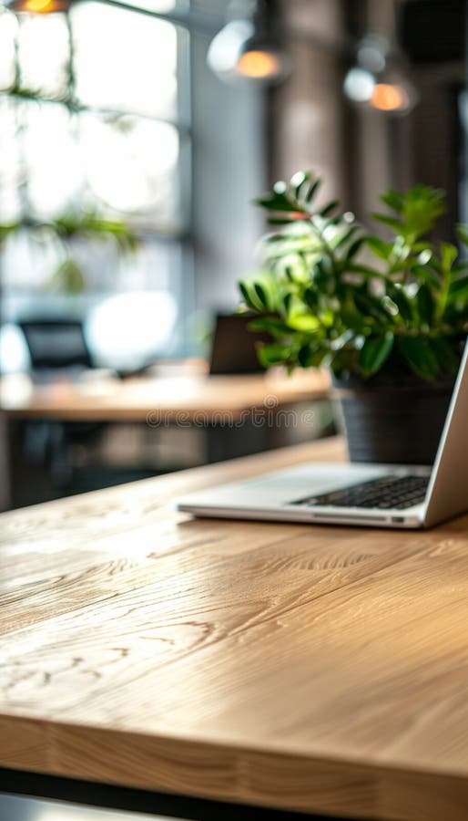 A Cozy Workspace Light Wood Desk with Laptop in a Softly Lit Office ...