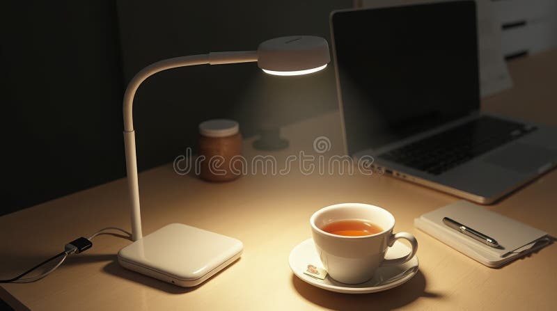 Cozy Workspace with a Lit Desk Lamp and a Cup of Tea, Ideal for Evening ...
