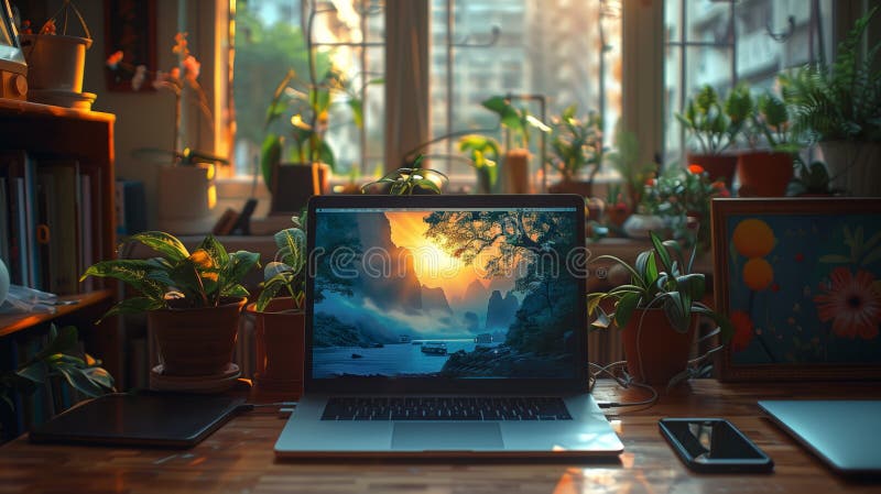Cozy Workspace with Lush Indoor Plants and Scenic Computer Background ...