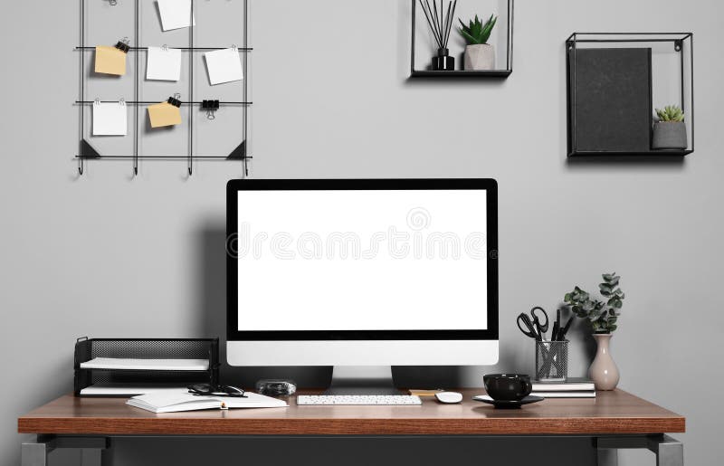 Cozy Workspace with Modern Computer on Wooden Desk Stock Image - Image ...