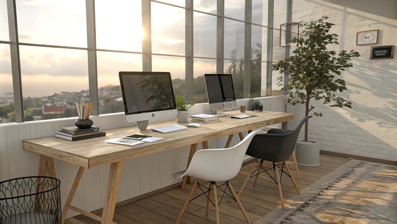 Cozy Workspace with Modern Computers and Office Tools on a Light Table ...