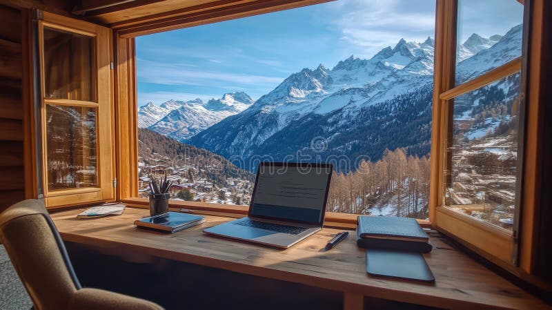 Cozy Workspace with a Mountain View, Featuring a Laptop and Stationery ...
