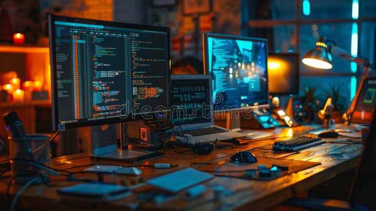 Cozy Workspace with Multiple Monitors and Coding Screens Stock Image - Image of workspace ...