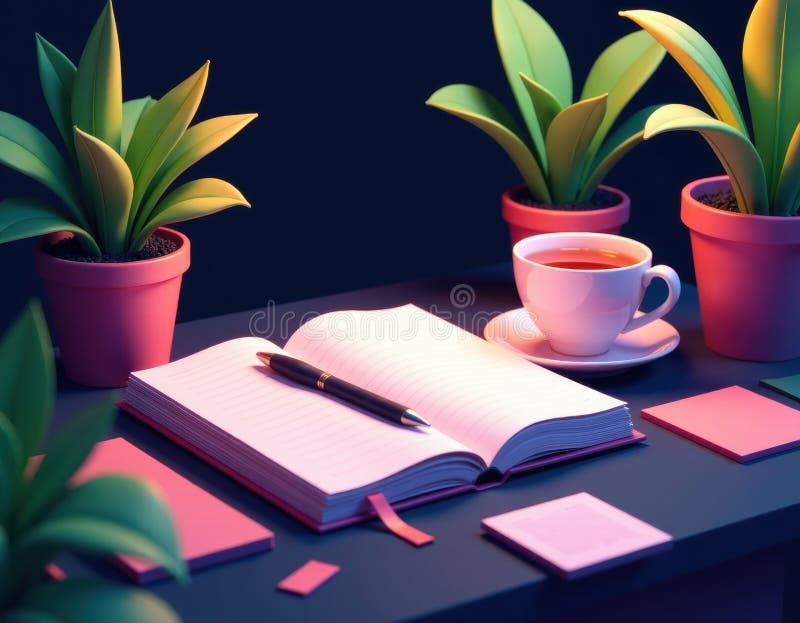 Cozy Workspace Notebook, Tea, and Plants at Night Stock Illustration ...
