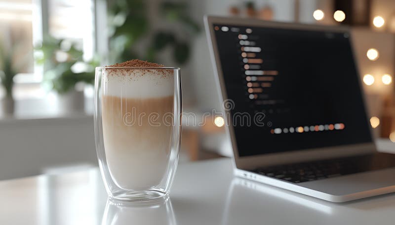 Cozy Workspace with Open Laptop and Coffee Mug on Modern Office Desk ...