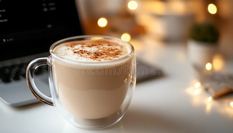 Cozy Workspace with Open Laptop and Coffee Mug on Modern Office Desk ...