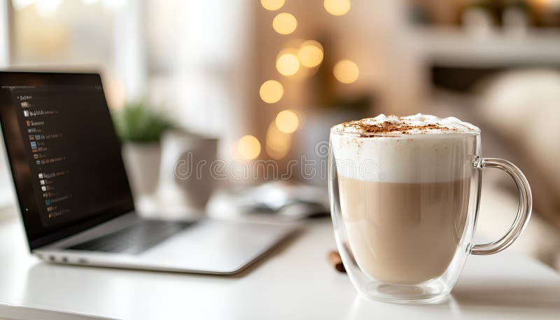 Cozy Workspace with Open Laptop and Coffee Mug on Modern Office Desk ...