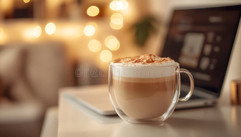 Cozy Workspace with Open Laptop and Coffee Mug on Modern Office Desk ...