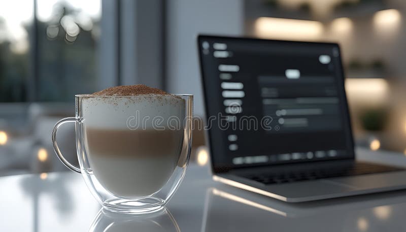 Cozy Workspace with Open Laptop and Coffee Mug on Modern Office Desk ...
