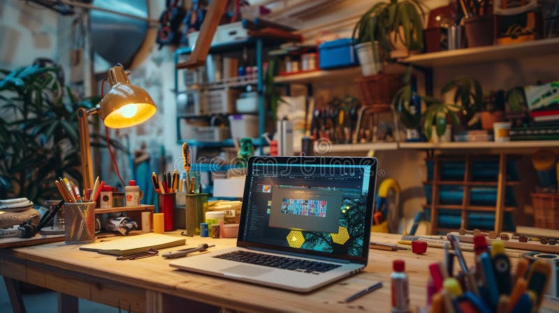 Cozy Workspace with Open Laptop in Creative Workshop Showing DIY ...