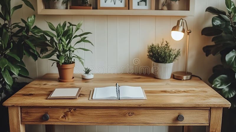 Cozy Workspace with Plants and a Journal Stock Illustration ...
