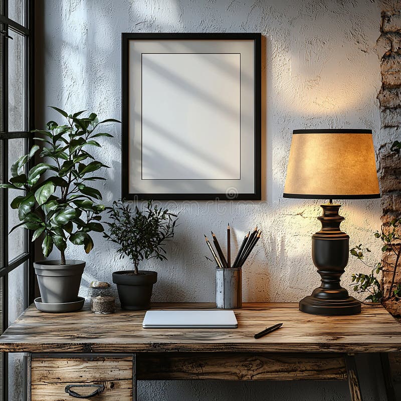 Cozy Workspace with Plants and a Warm Lamp Setting the Mood for ...