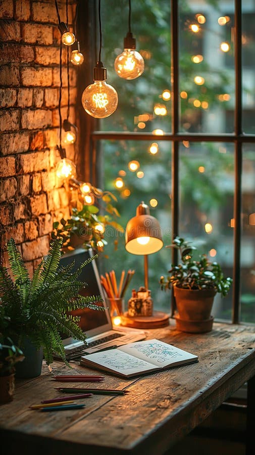 Cozy Workspace with Plants, Warm Lights, and a View of Greenery on a ...