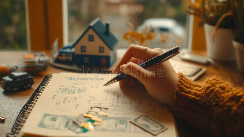 A Cozy Workspace Scene Featuring a Hand Writing in a Notebook. a Small ...