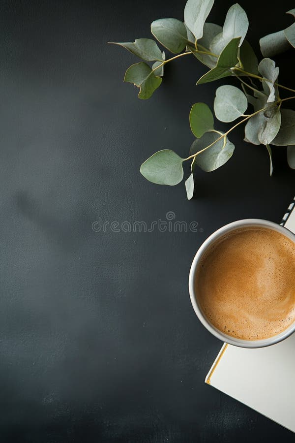 Cozy Workspace Setup with Coffee Cup, Notebook, and Greenery on Black ...