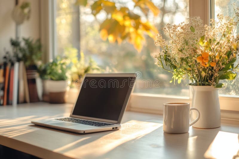 Cozy Workspace Setup on Kitchen Table with Laptop, Coffee, and Morning ...