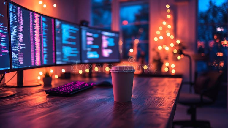 Cozy Workspace Setup with Multiple Monitors Lit by Warm Lights at Dusk ...