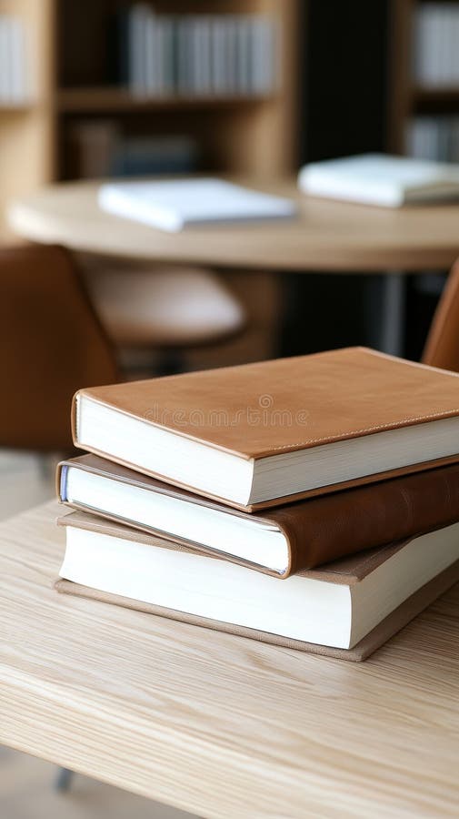 Cozy Workspace with Stacked Leather-bound Journals on a Wooden Table in ...
